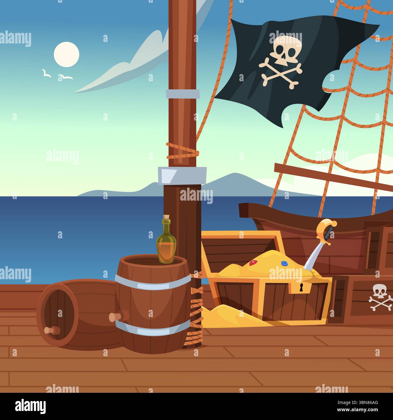 Pirate ship. authentic background with pirate flag and treasure on ship ...
