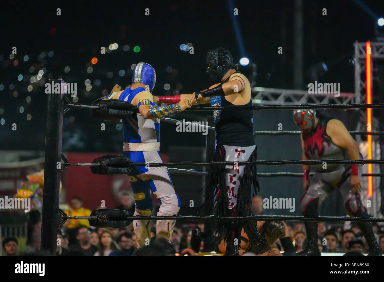 Ensenada, Mexico. 27th June, 2025. Masked wrestlers engage in a match ...