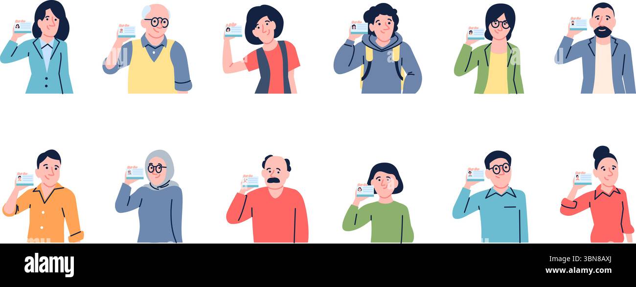People with id card. Teens men women different ages show identity cards ...