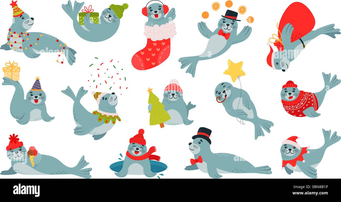 Christmas seals characters. Funny baby seal in gift sock, wear santa ...