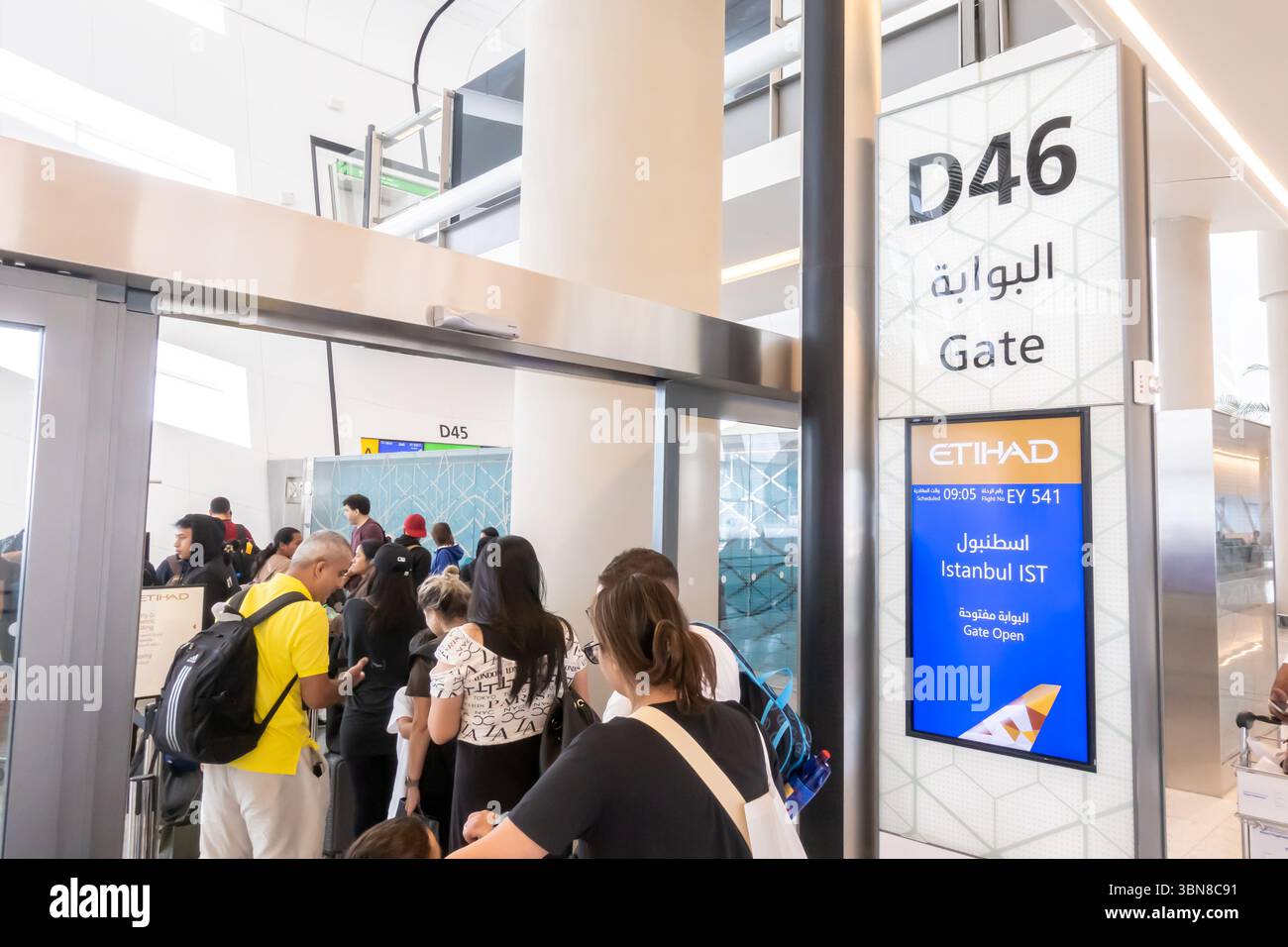 Passengers at the Gate D46 of Etihad Airways traveling to istnabul ...