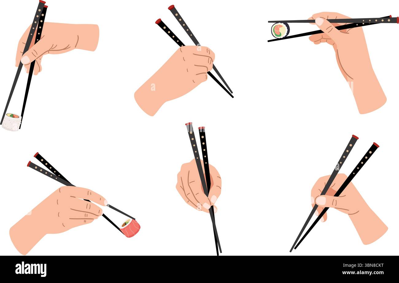 Collection of hands with asian wooden chopsticks vector illustration ...