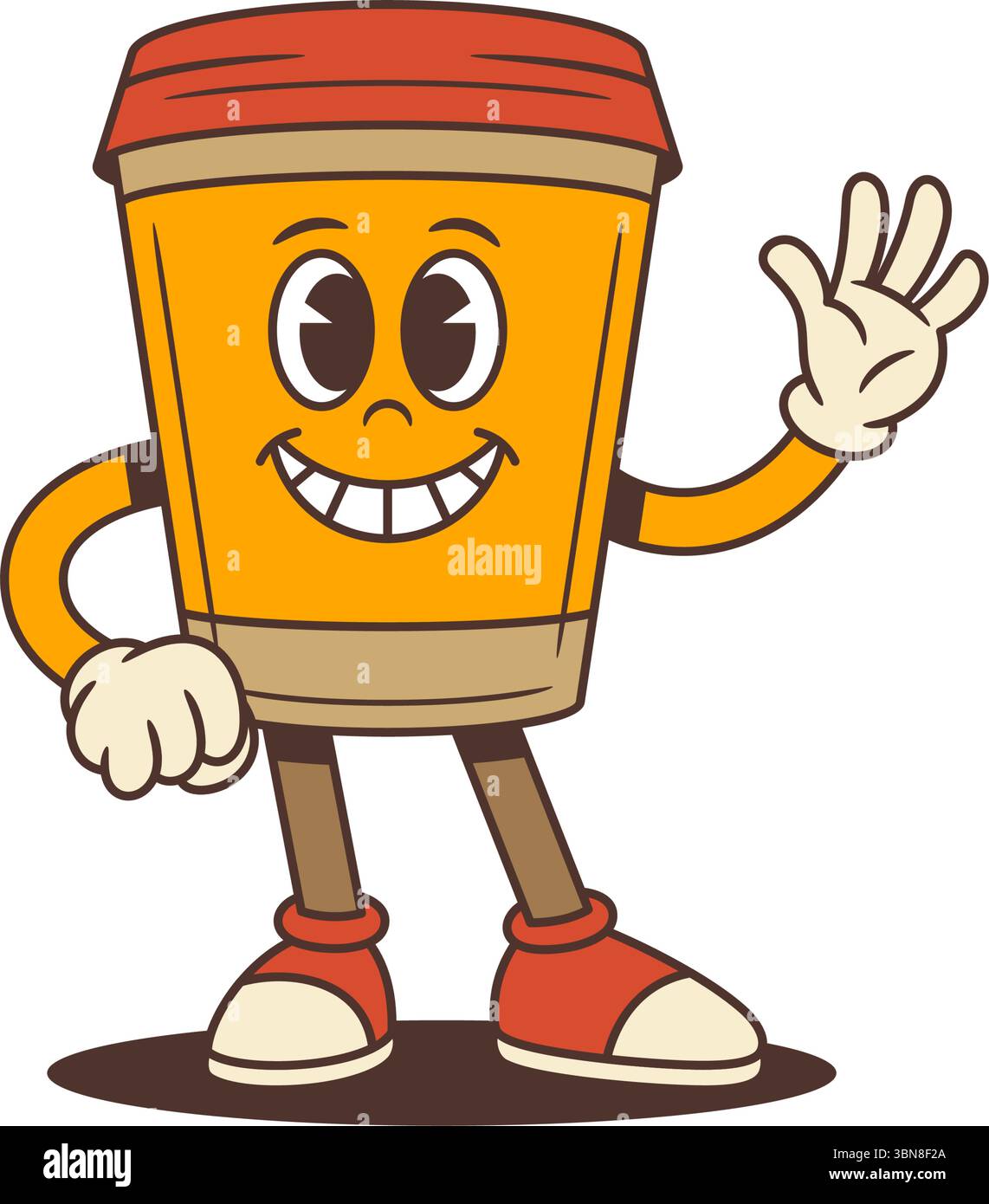 Colorful cartoon takeaway coffee cup character with friendly smile and ...