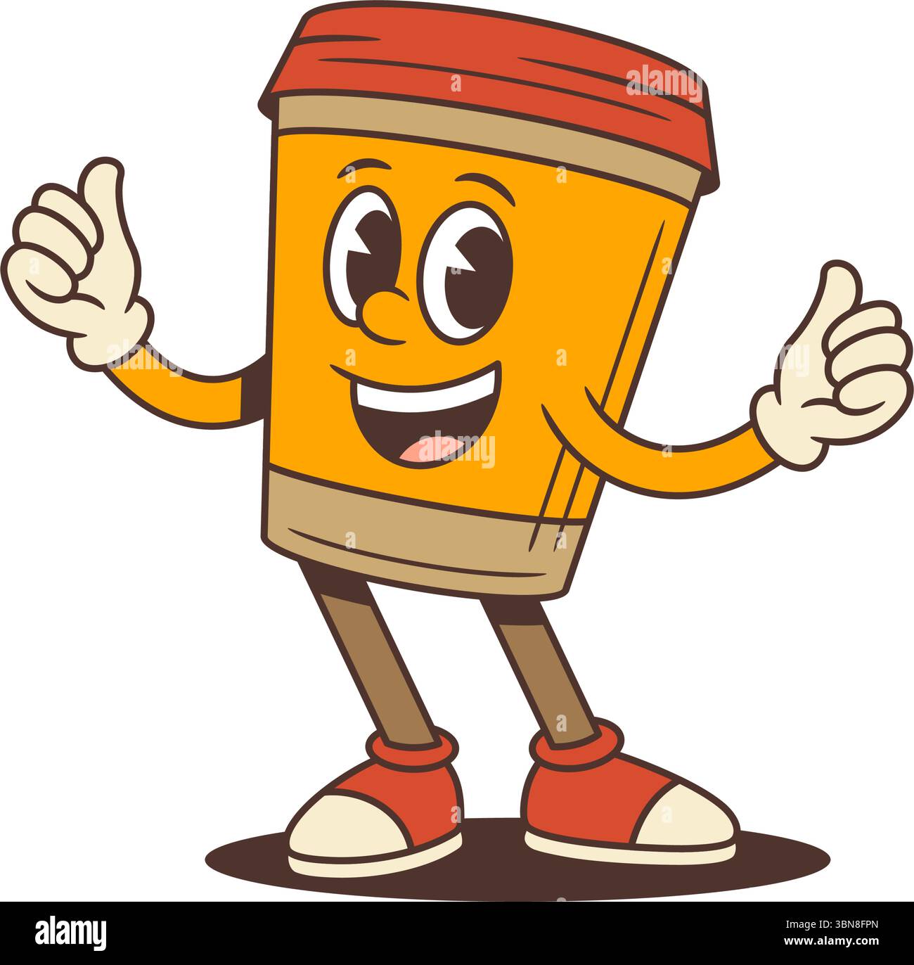 A cheerful coffee cup mascot character with arms and legs stands ...