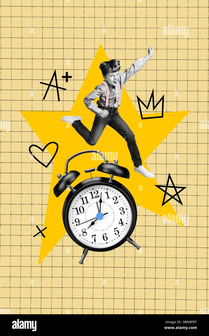Vertical pop art photo collage of happy nerd schoolboy run alarm clock ...