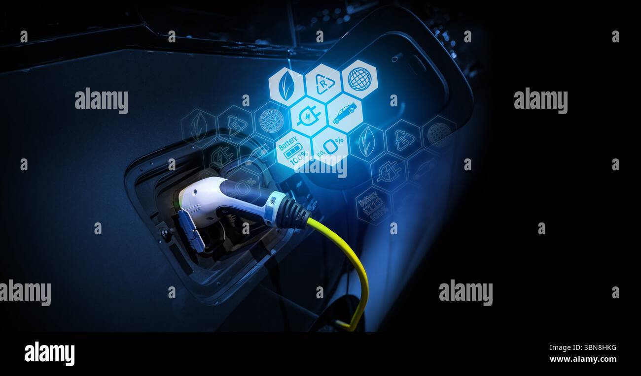 Power cable pump plug in charging power to electric vehicle EV car ...