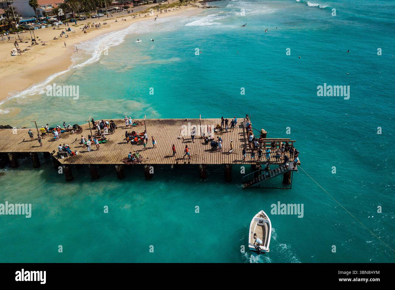 Santa Maria Pier, Sal Island – Aerial View with Tourists and Boat Stock ...
