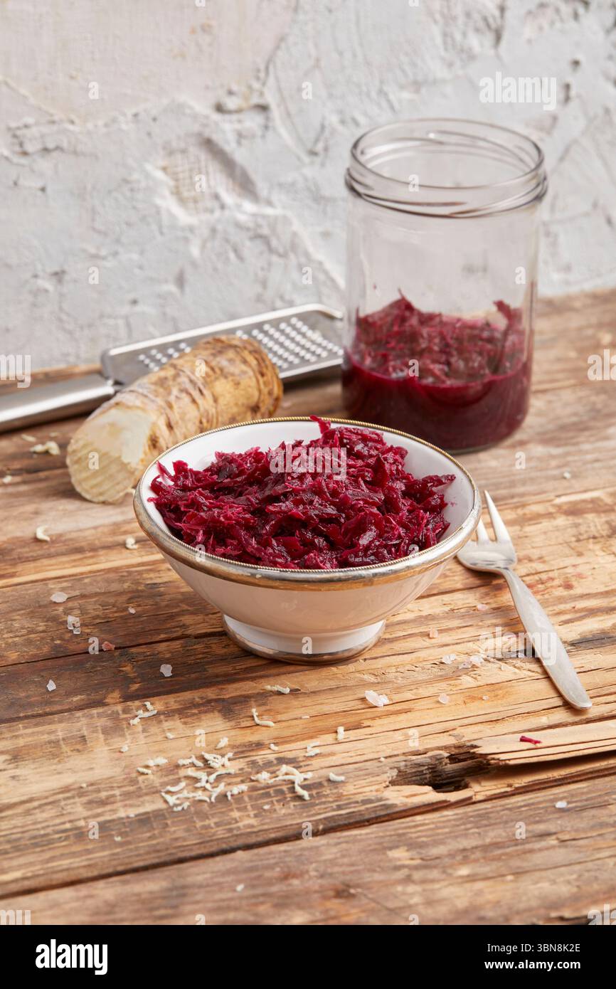 Grated beetroot with horseradish – spicy vegan side dish Stock Photo ...