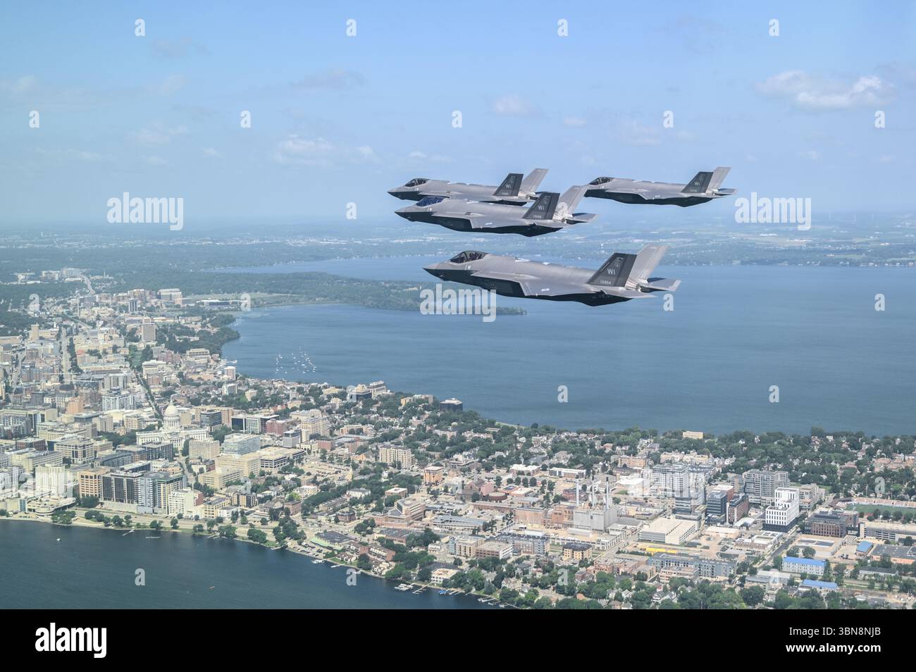 F-35 Lightning IIs fly in a formation over Madison, Wis. June 23, 2025 ...