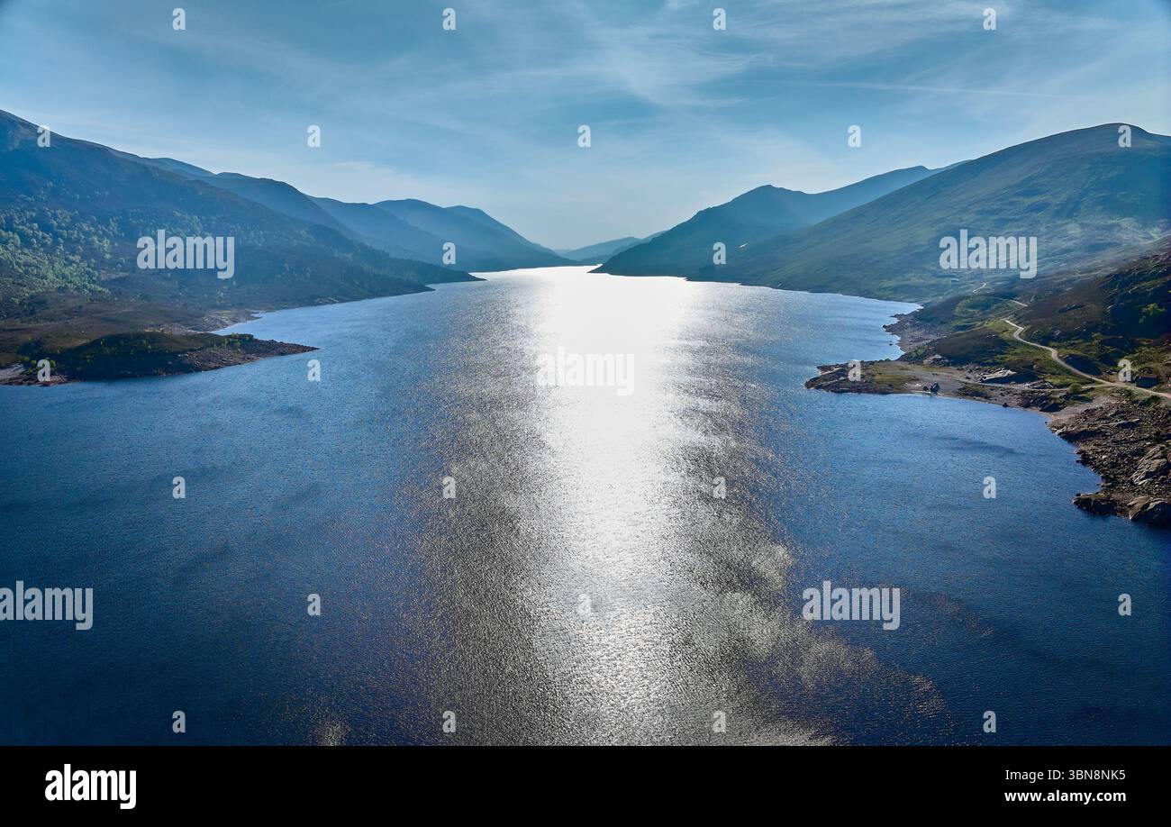 aerial view of Loch Sealbhanach and Loch Mullardoc, a water reservoir ...