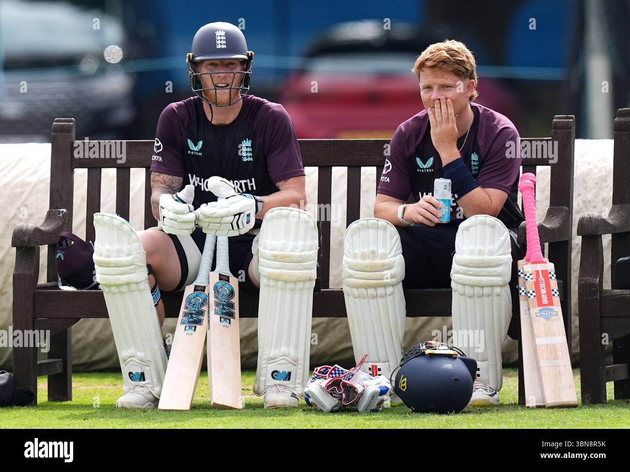 England captain Ben Stokes (left) and Ollie Pope during a nets session ...