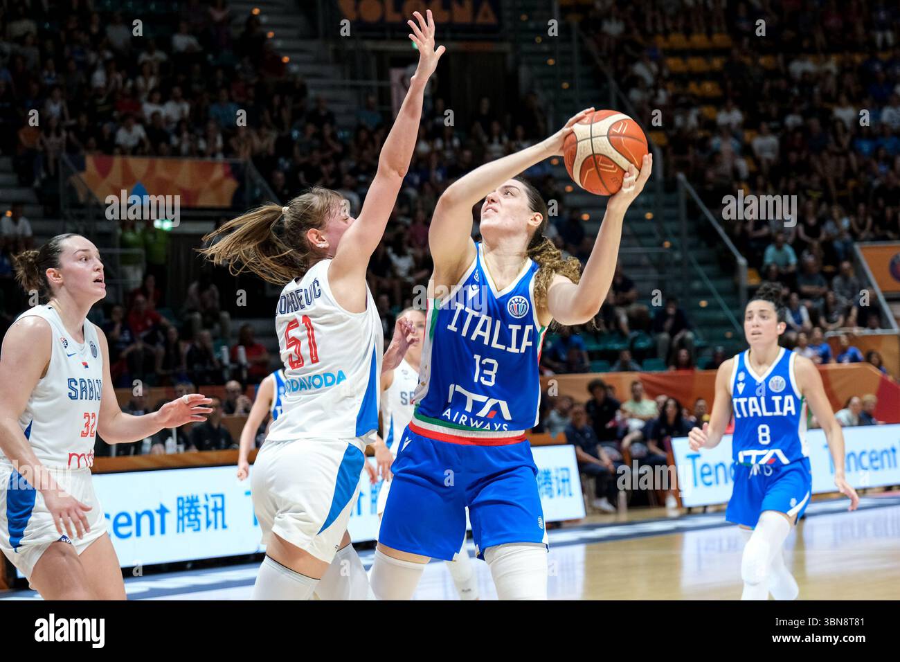 Bologna, Italy. 18th June, 2025. (R) Lorela Cubaj 13 (ITA) and (L) Mina ...