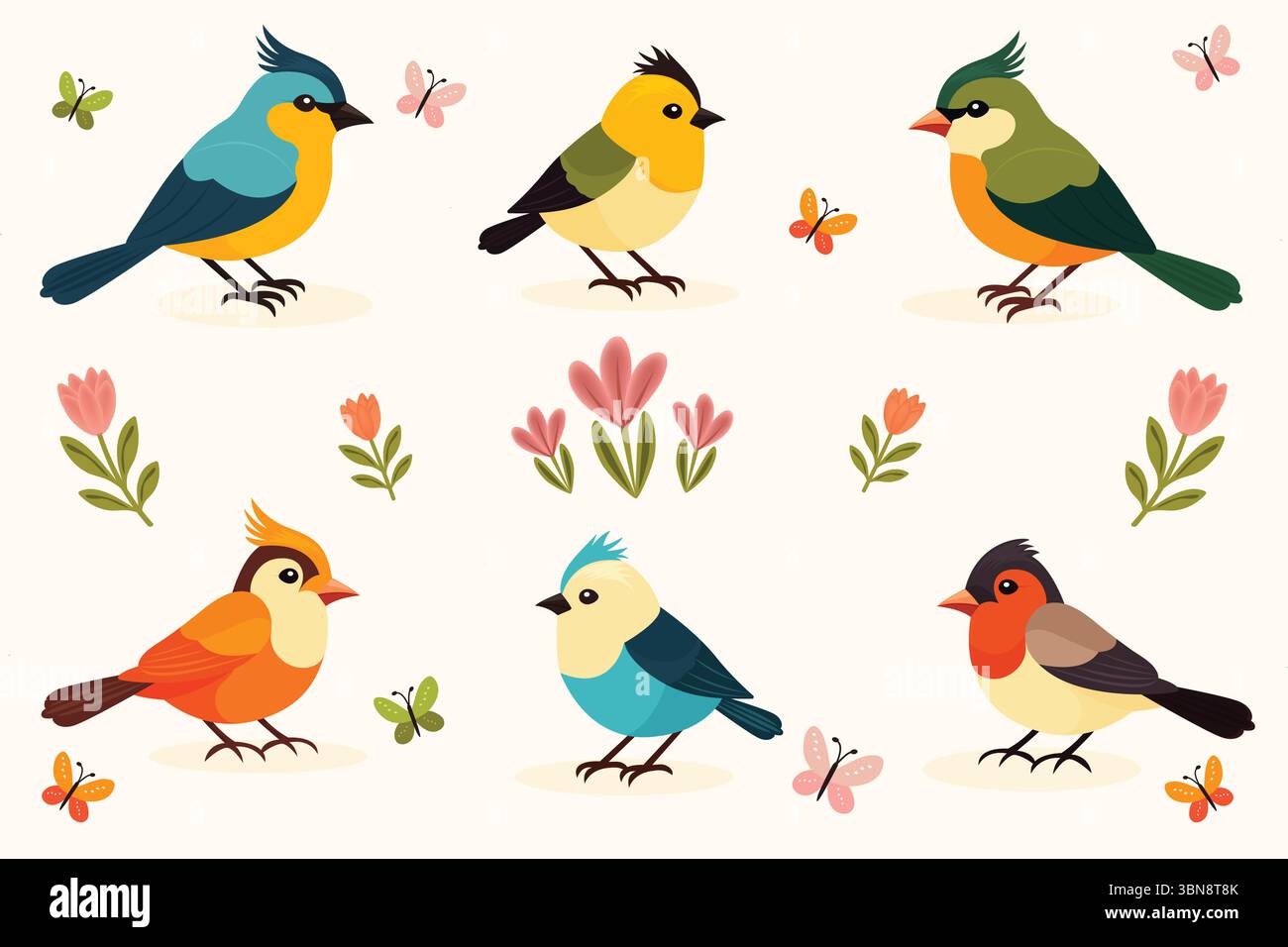 Set of Spring Birds with Flowers and Butterflies Decorations Vector ...