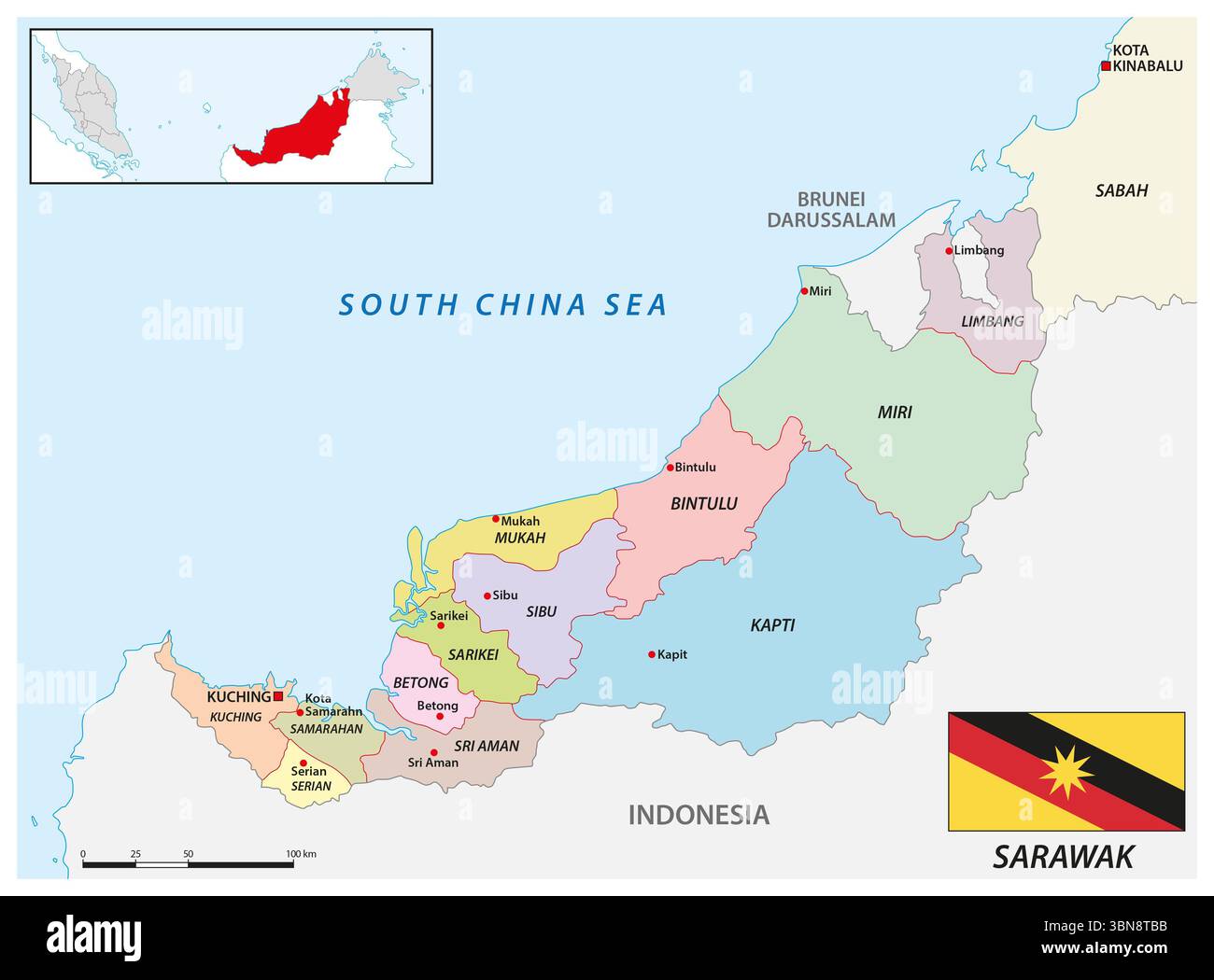 Administrative and political map of the malayan division sarawak Stock Photo - Alamy