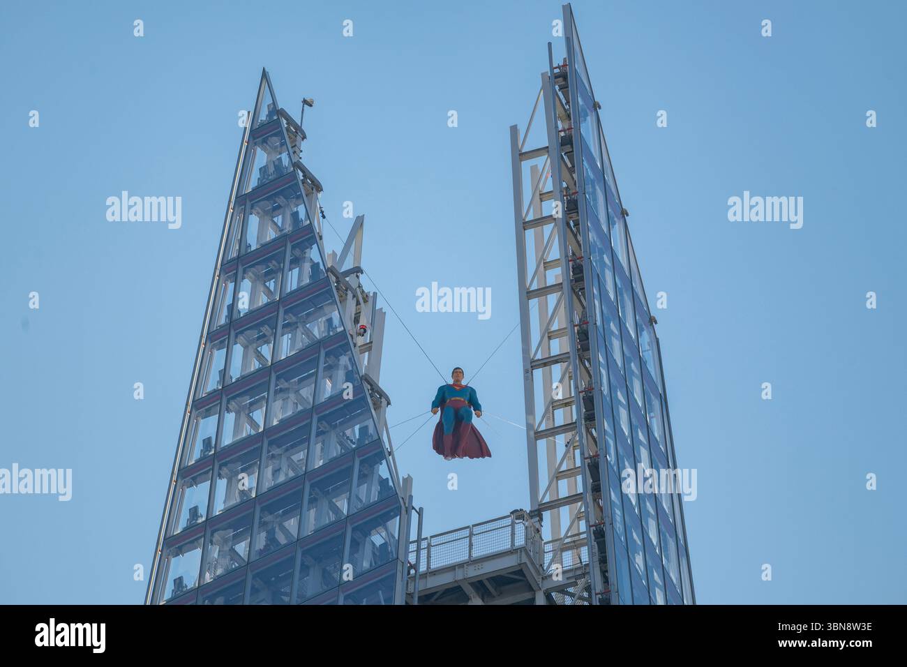 London, UK. 1 July 2025. A life-like 11ft tall figure of Superman is ...