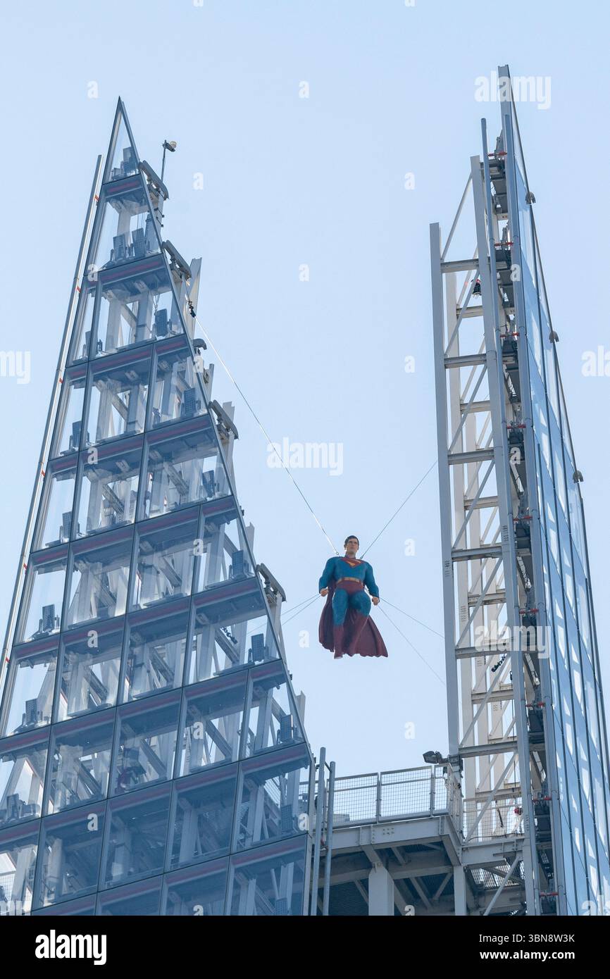 London, UK. 1 July 2025. A life-like 11ft tall figure of Superman is ...