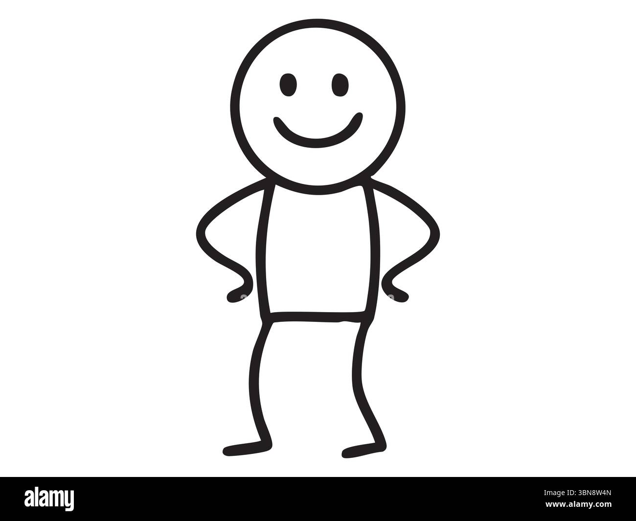Black Stick figure man smiling with hands on hips, isolated on white ...
