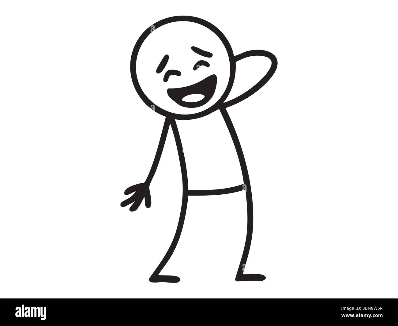 Black doodle stick figure of smiling man with hand raised, isolated on ...