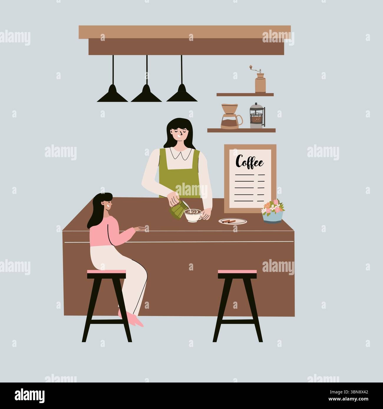 Cozy coffee shop scene with barista serving customer Stock Vector Image ...