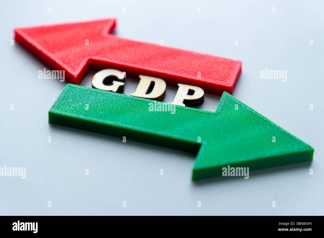 Red arrow and green arrow with wooden block letters spelling "GDP ...