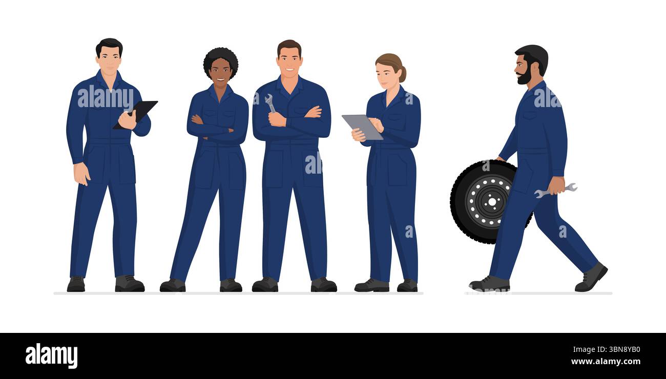 Group of mechanics posing together, car repair and assistance concept ...