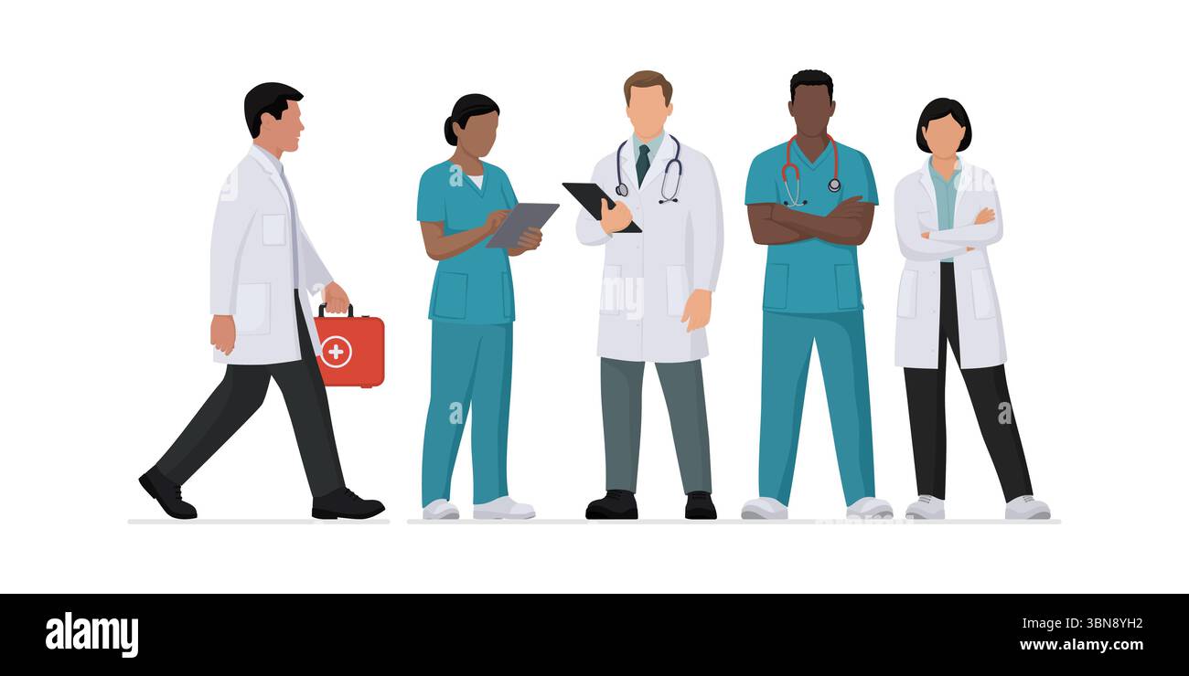 Group of doctors and healthcare workers standing together, isolated on ...