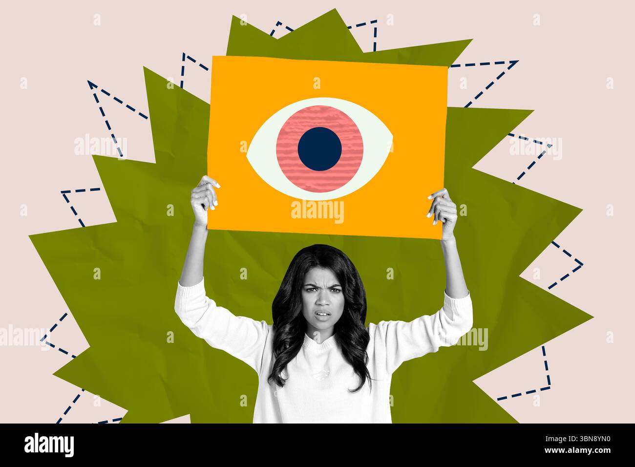 Collage of stressed person under large symbolic eye representing ...