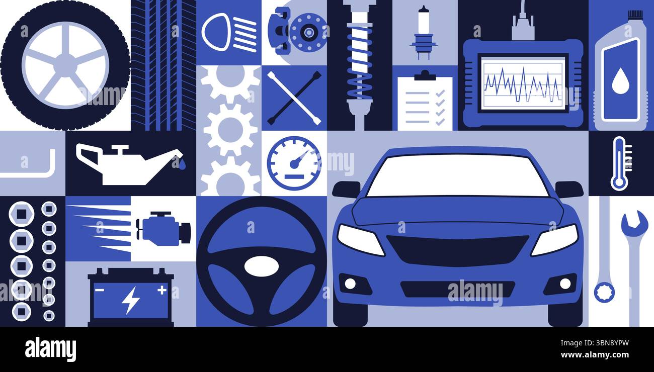 Car maintenance and repair service, automobile repair shop geometric ...