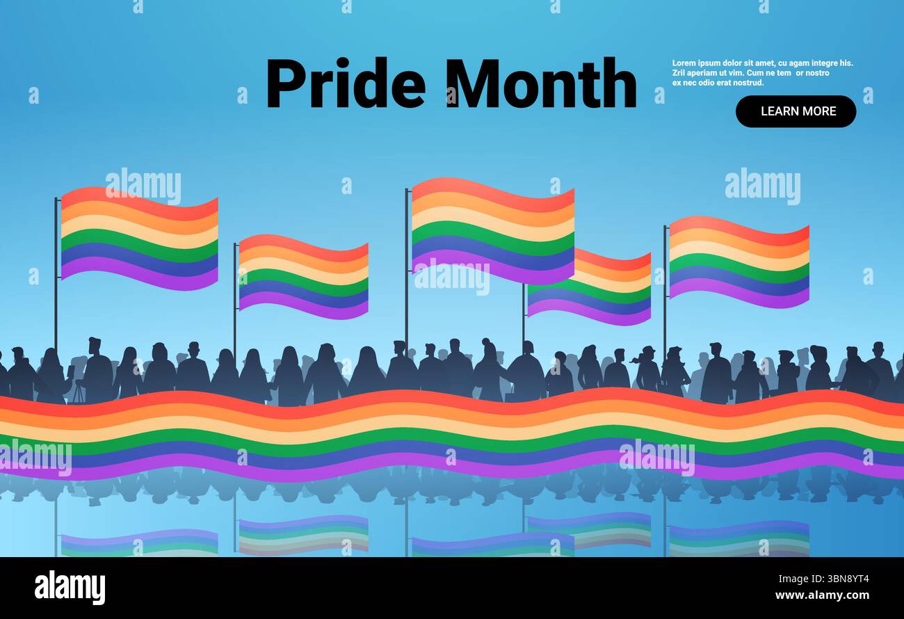 Pride parade crowd rainbow flags celebration silhouette people blue sky ...