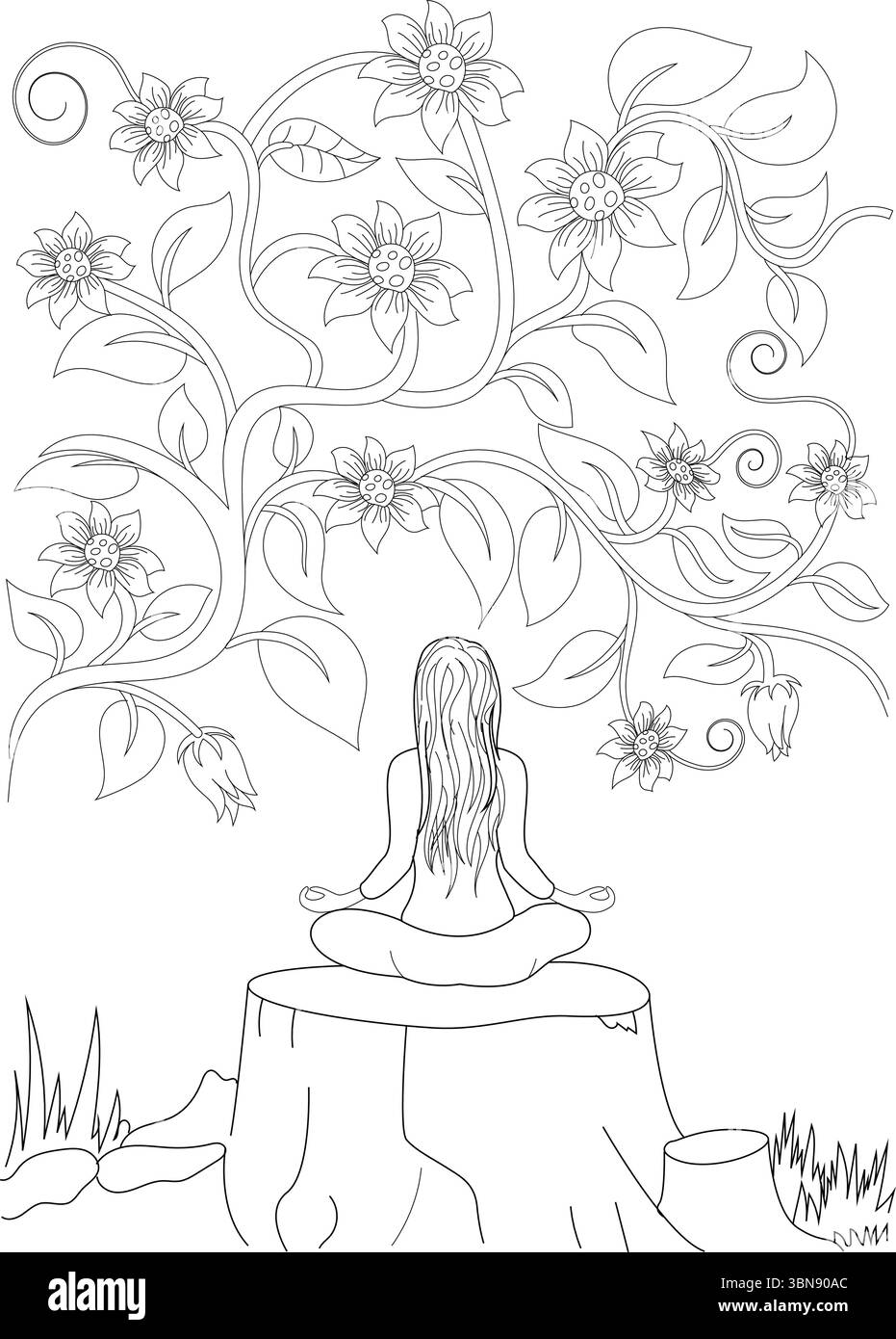 A serene black and white line art illustration depicting a woman in a ...