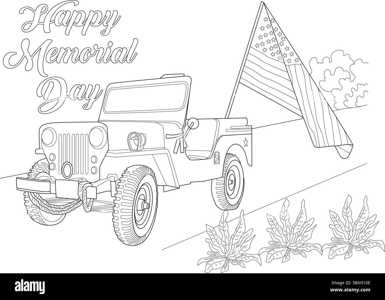 Black and white line art illustration for Memorial Day, featuring an ...
