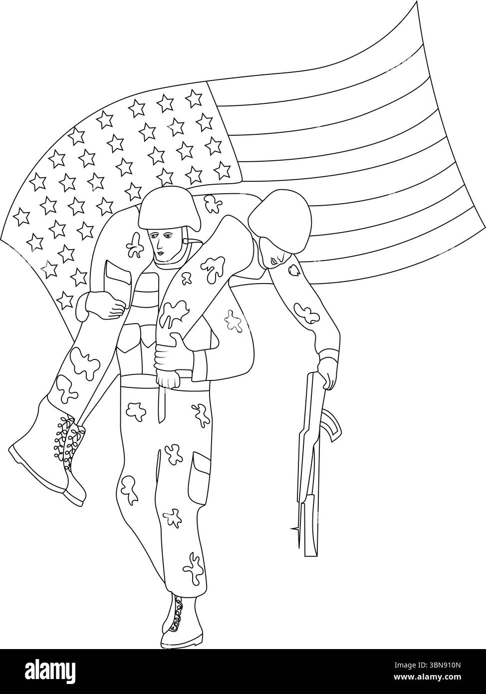 This poignant black and white line art illustration captures the solemn ...