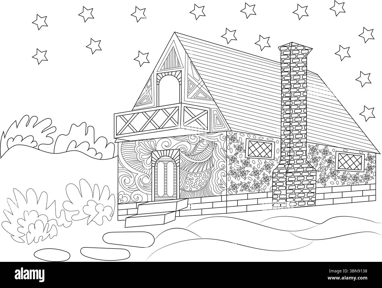 This detailed black and white line art illustration depicts a charming ...