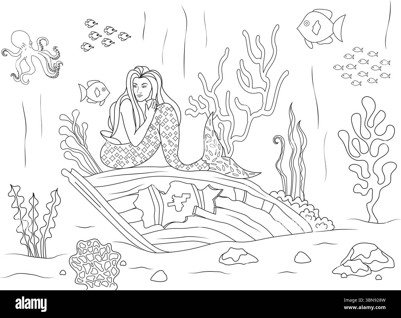 This charming black and white line art illustration features a graceful ...