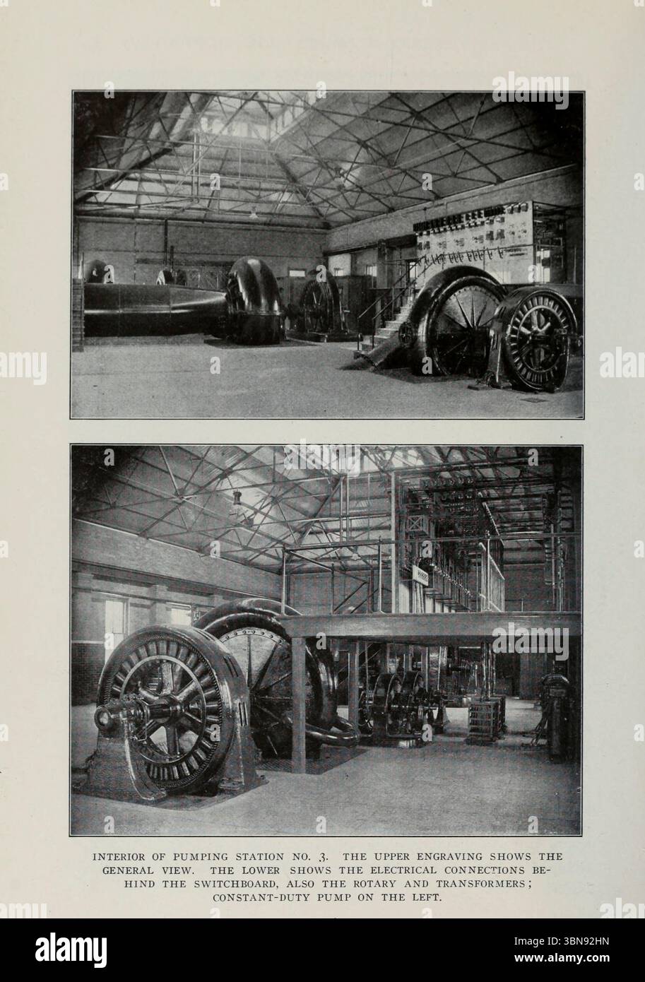 INTERIOR OF PUMPING STATION NO. 3. THE UPPER ENGRAVING SHOWS THE ...