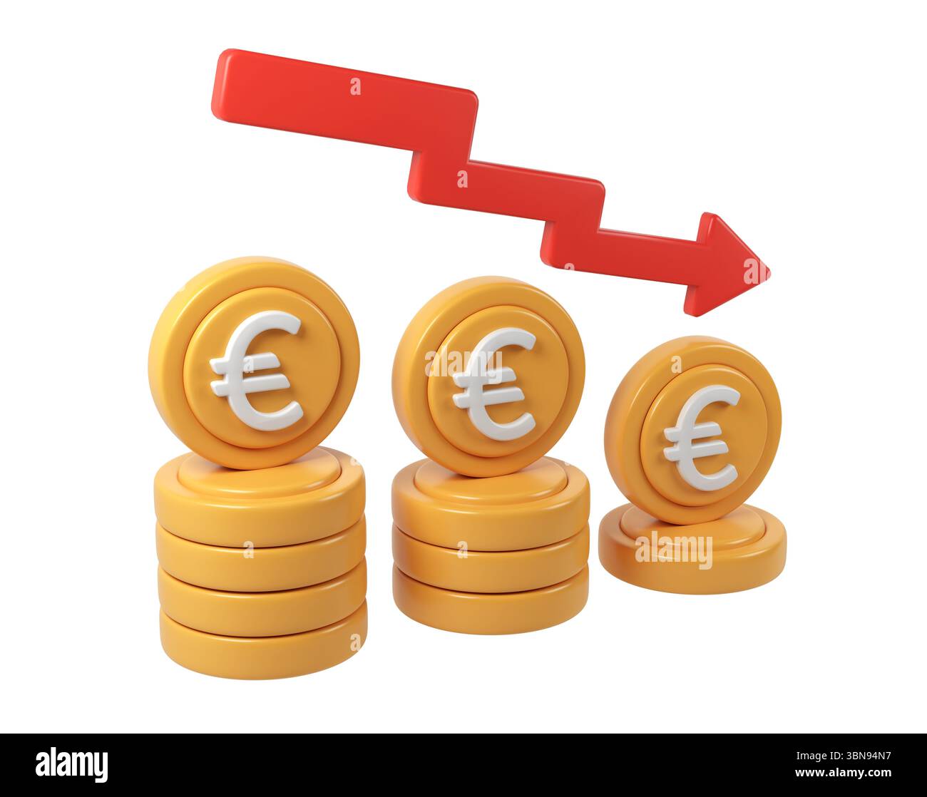 3d render icon Stacks of declining euro coins and descending red arrow ...