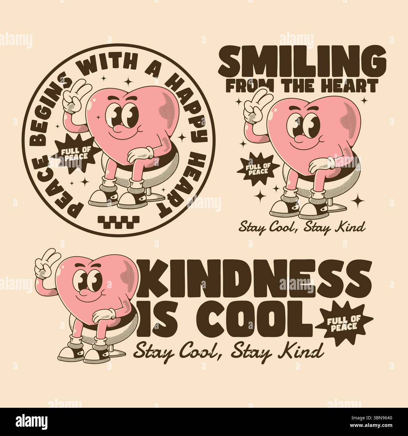 three version of Retro cartoon heart illustration spreading peaceful ...