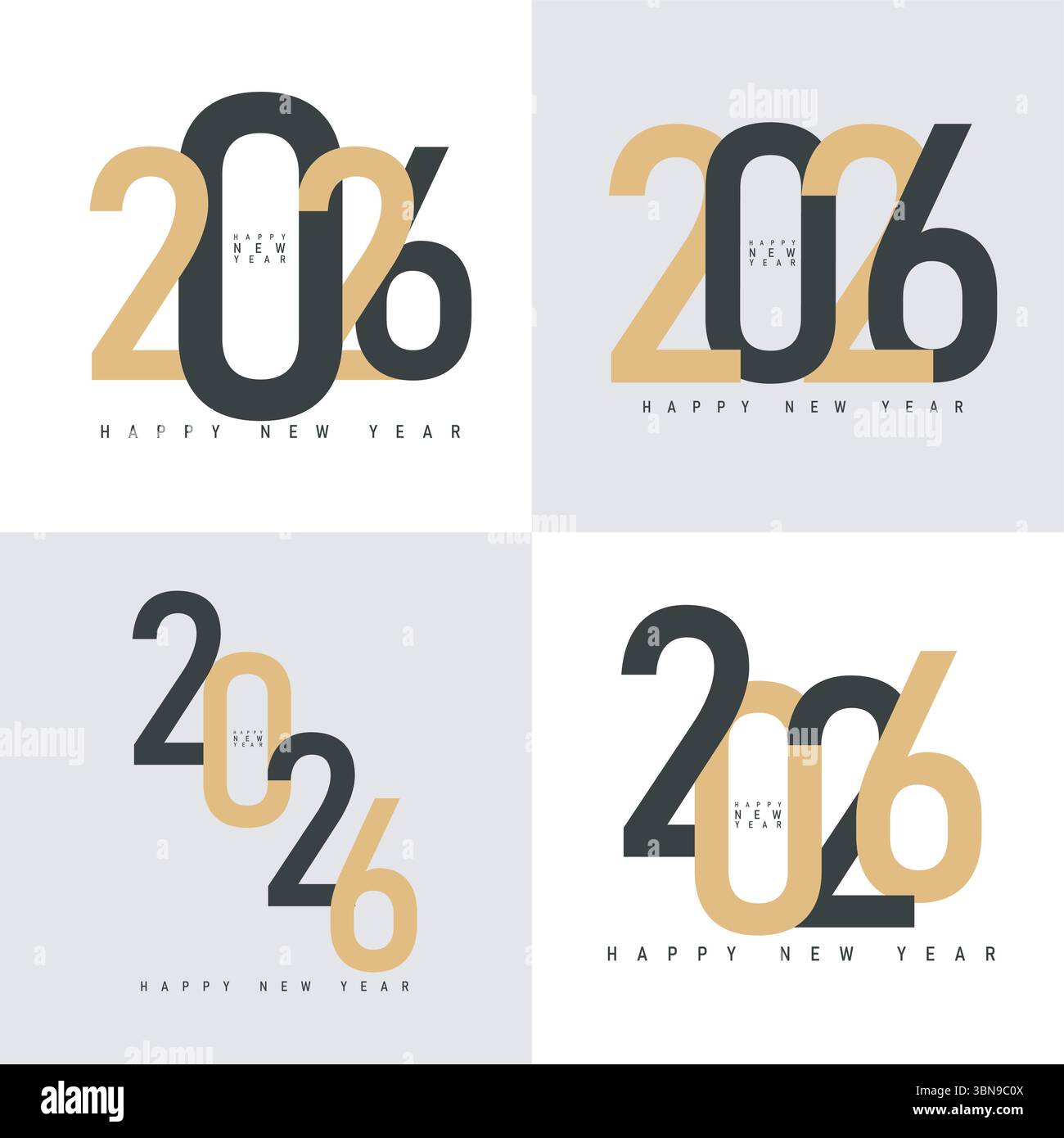 Stylish 2026 New Year vector set with modern typography in black and gold. Perfect for cards ...
