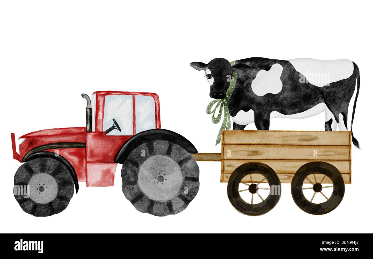 Farm animal and tractor with a cart. Hand drawn red tractor with a cow ...