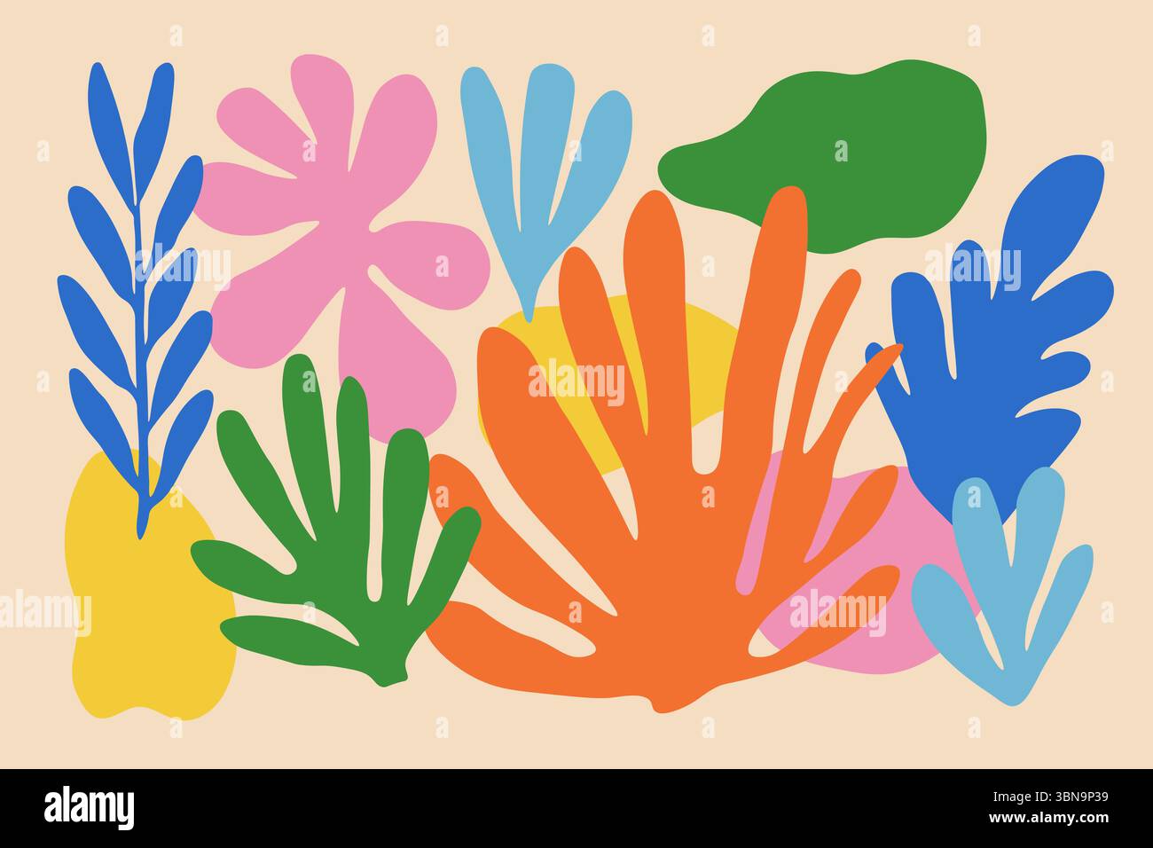Abstract leaf and coral-like shapes in matisse art style. Bright bold ...