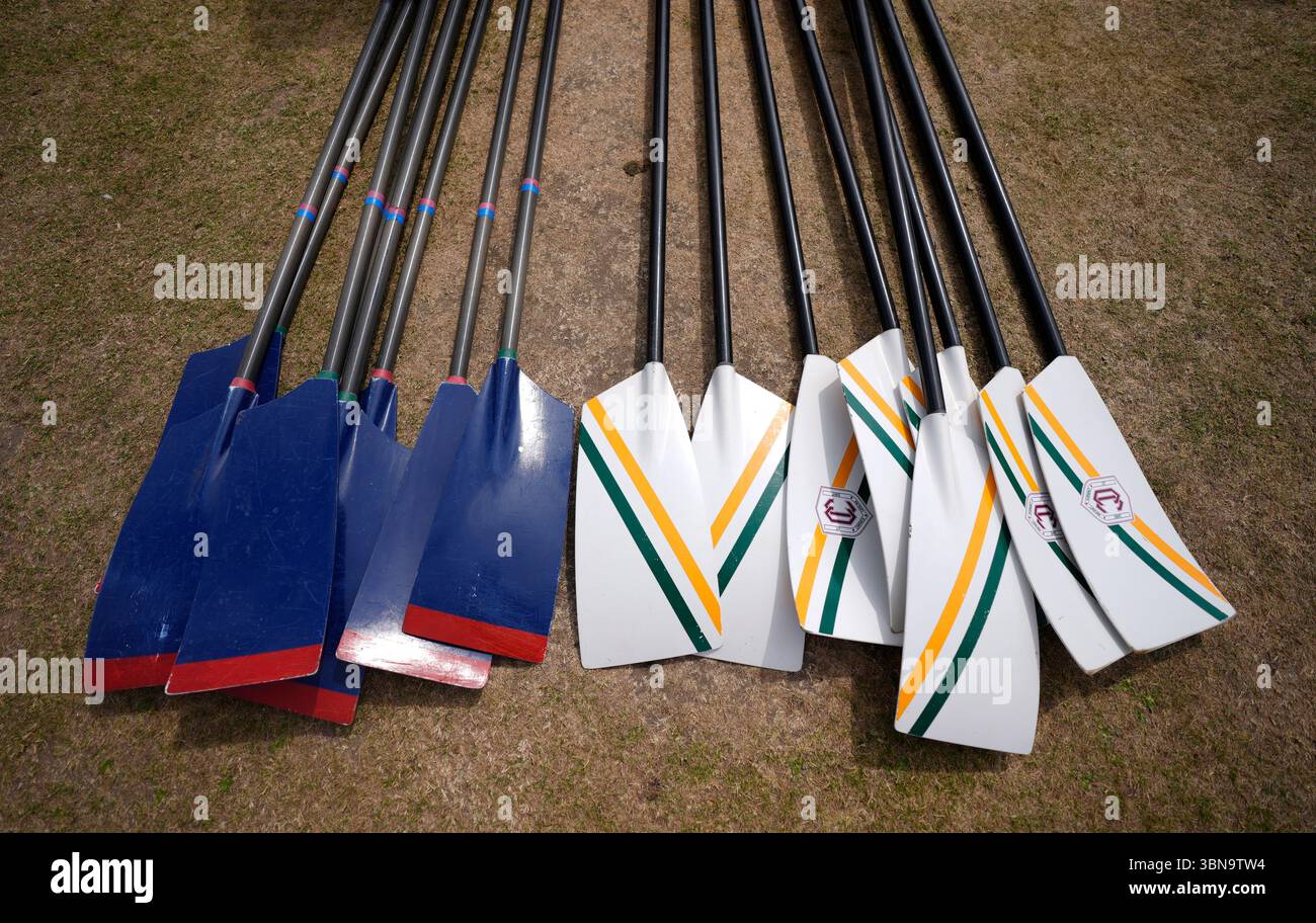 A view of a pile of rowing blades on the floor on the opening day of ...