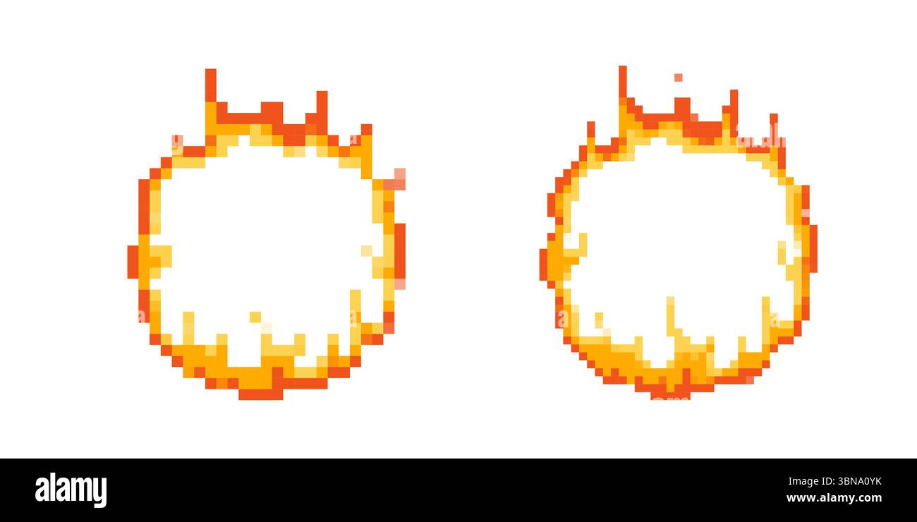 Mosaic pixel art fire icon set in retro 8 bit game style with vibrant ...