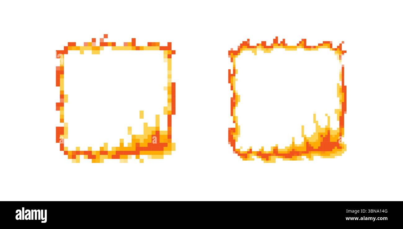 Mosaic flame pixel art icon with fire border edges for retro game ...
