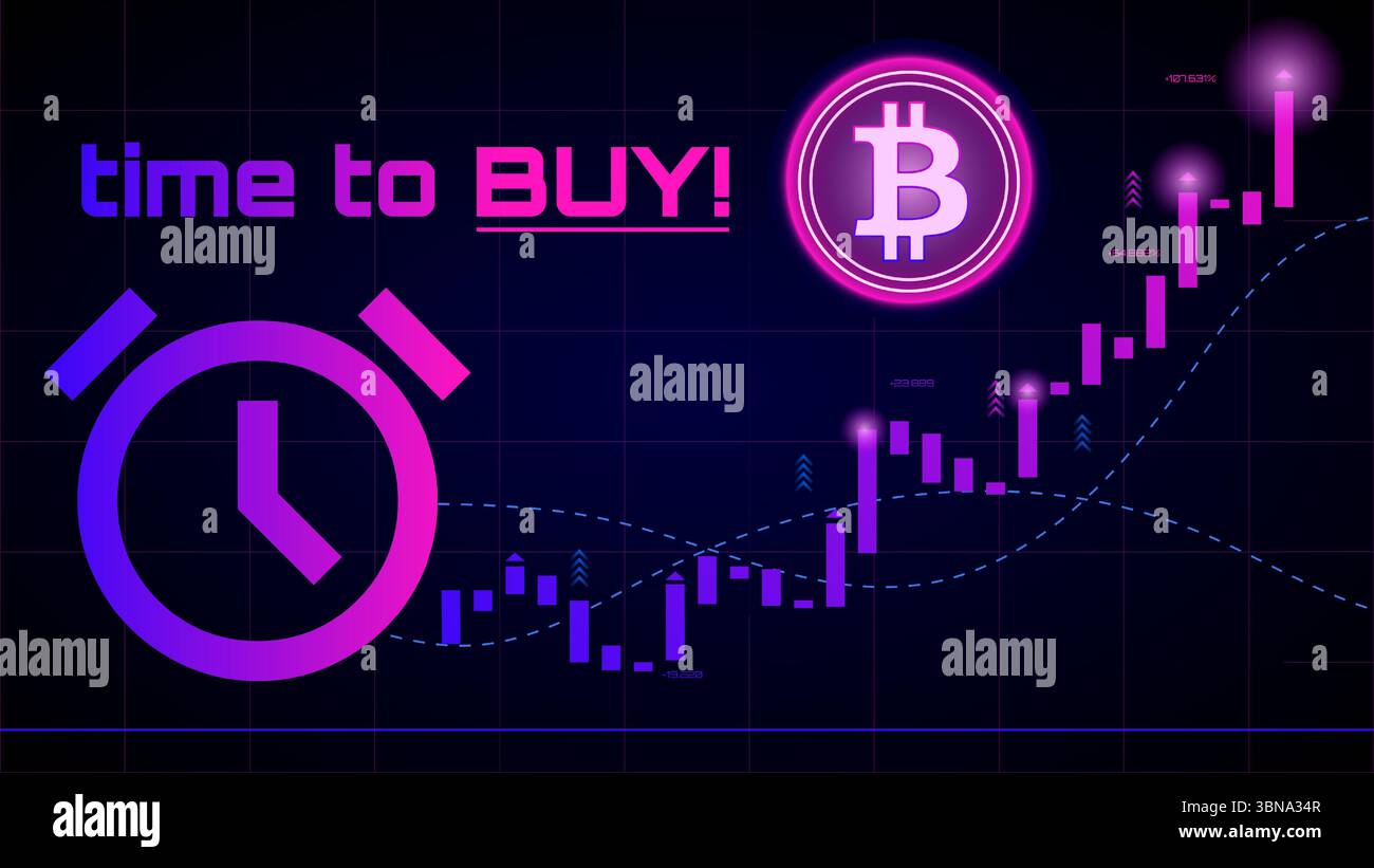 Neon bitcoin graphic with glowing trading chart and buy recommendation ...