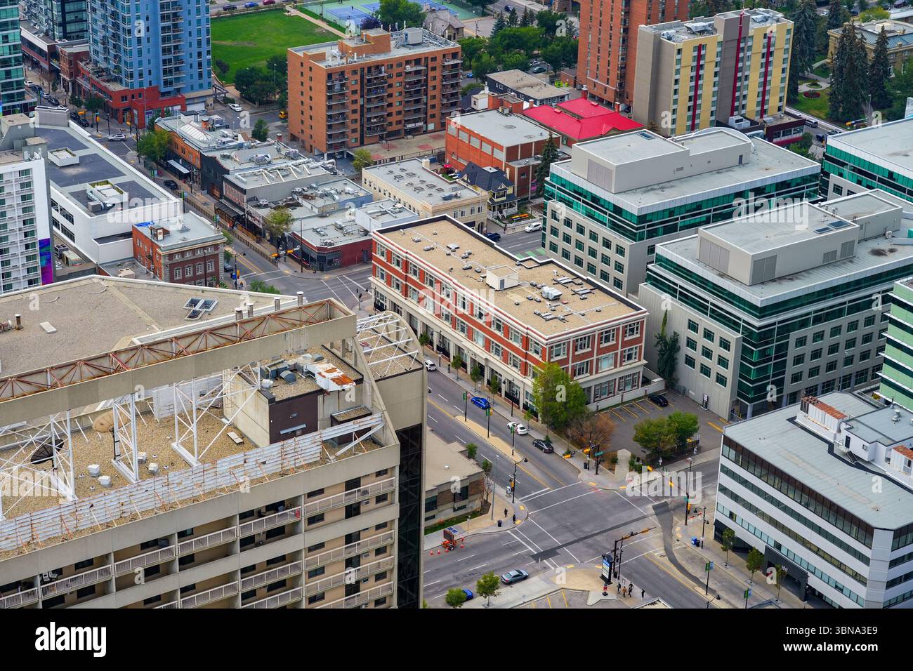 Aerial view of old brick buildings in Downtown Calgary, Alberta, Canada ...