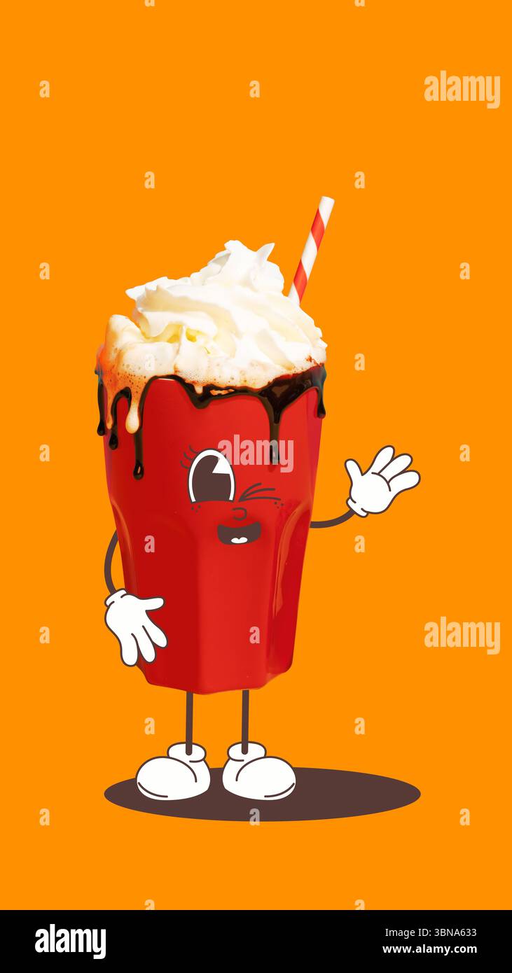 Cartoon milkshake character on vibrant orange background waving and ...