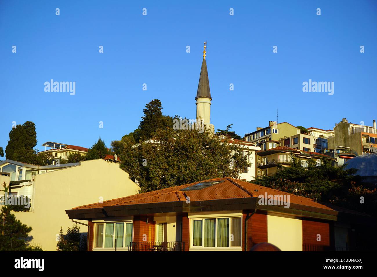 A serene residential area with a mosque featuring a tall, slender ...