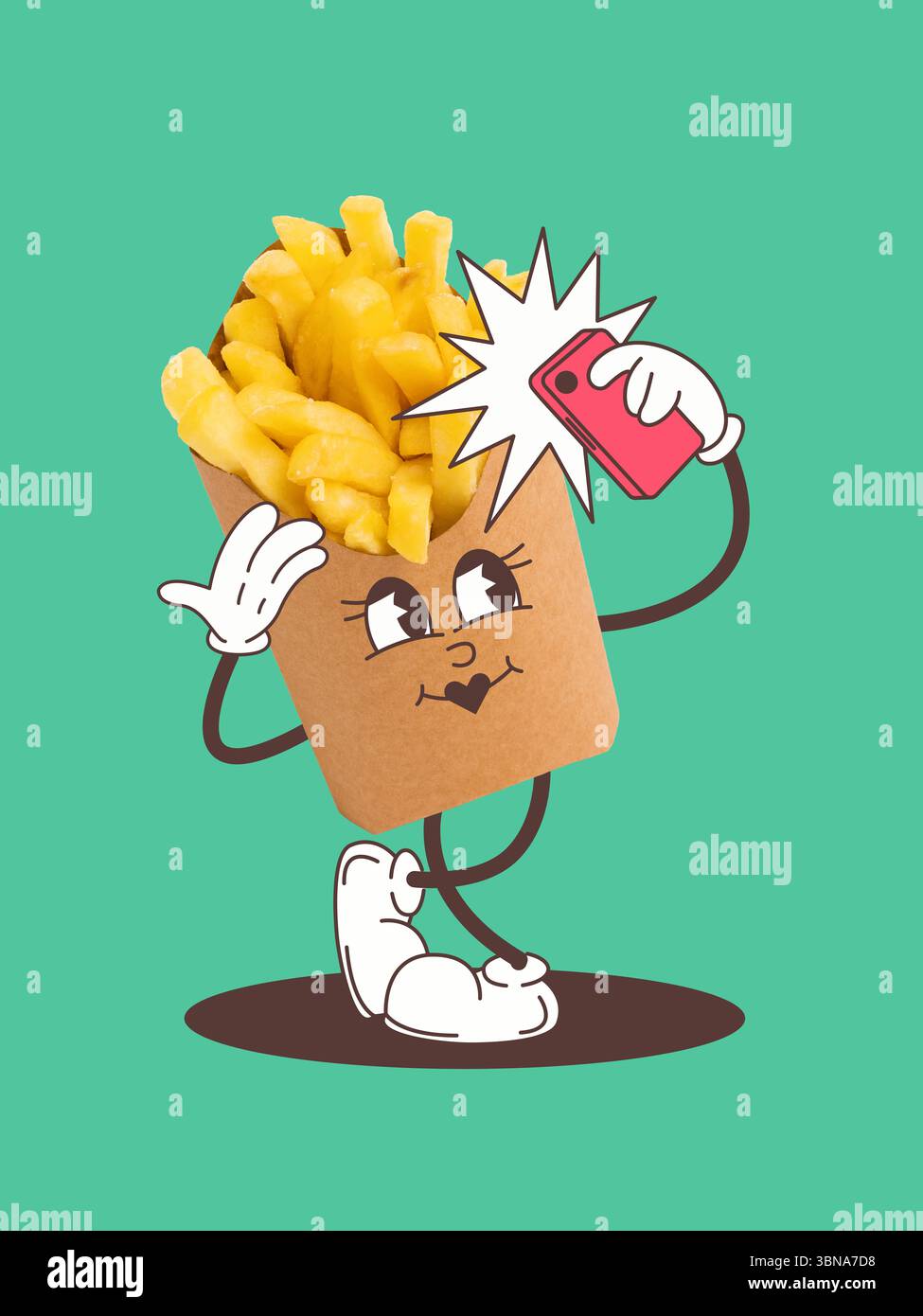 Cartoon french fries box taking selfie with smartphone, green ...