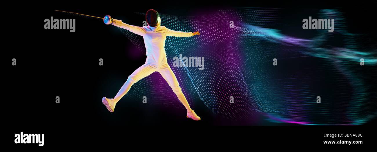Female fencer in neon lights mid-lunge with dynamic motion trail ...