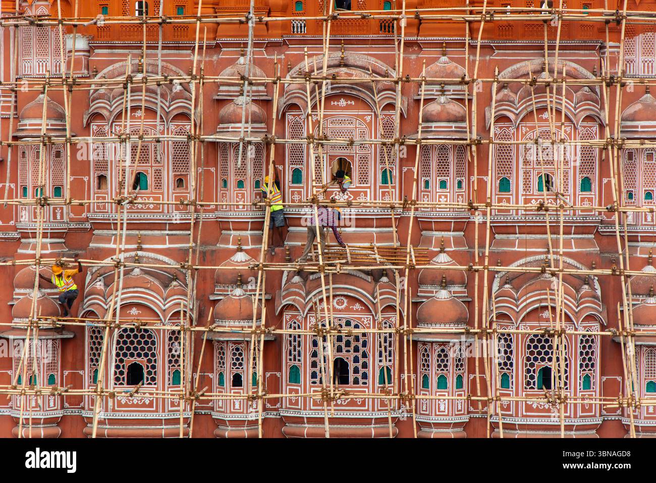 Indian construction workers climbing bamboo scaffolding, performing ...